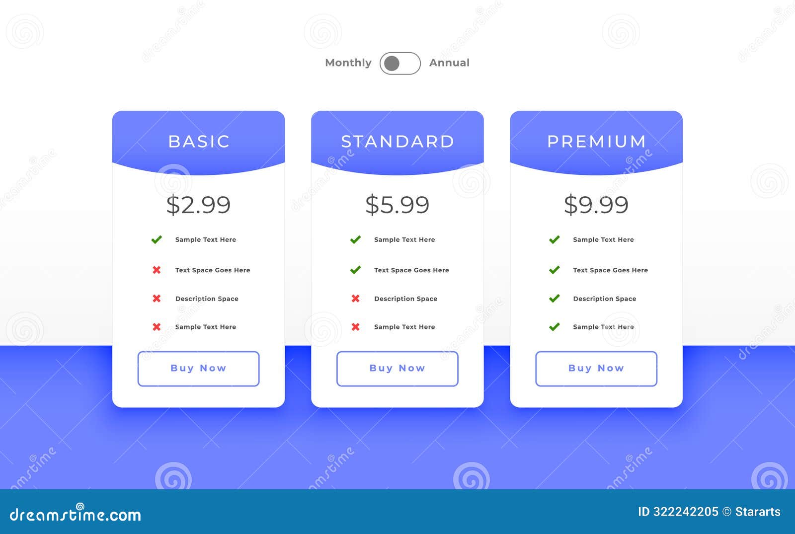 Three Column Pricing Plan Comparison Concept Layout Stock Vector ...