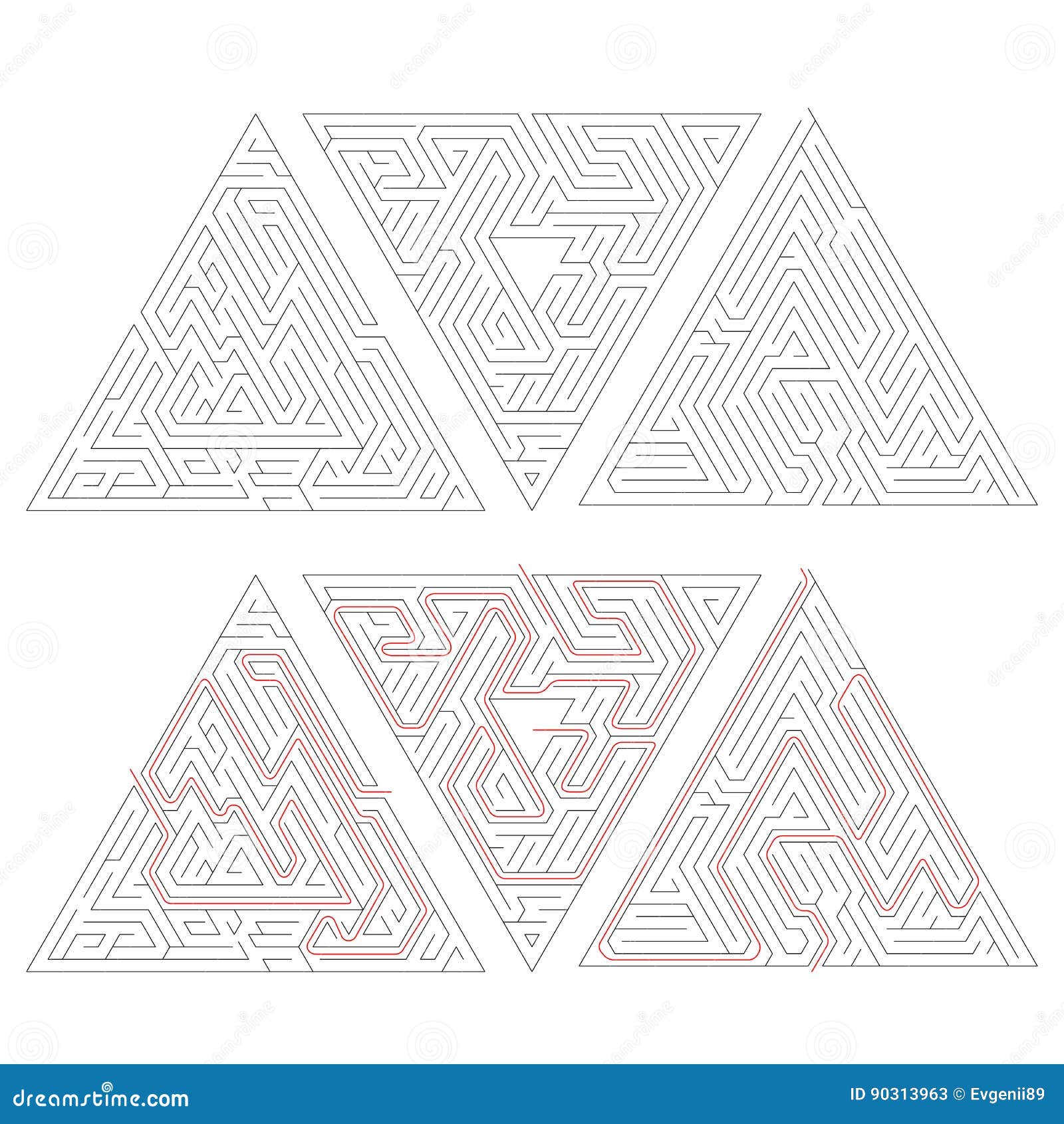 Three Complicated Triangle Labyrinths with Red Path of Solution ...