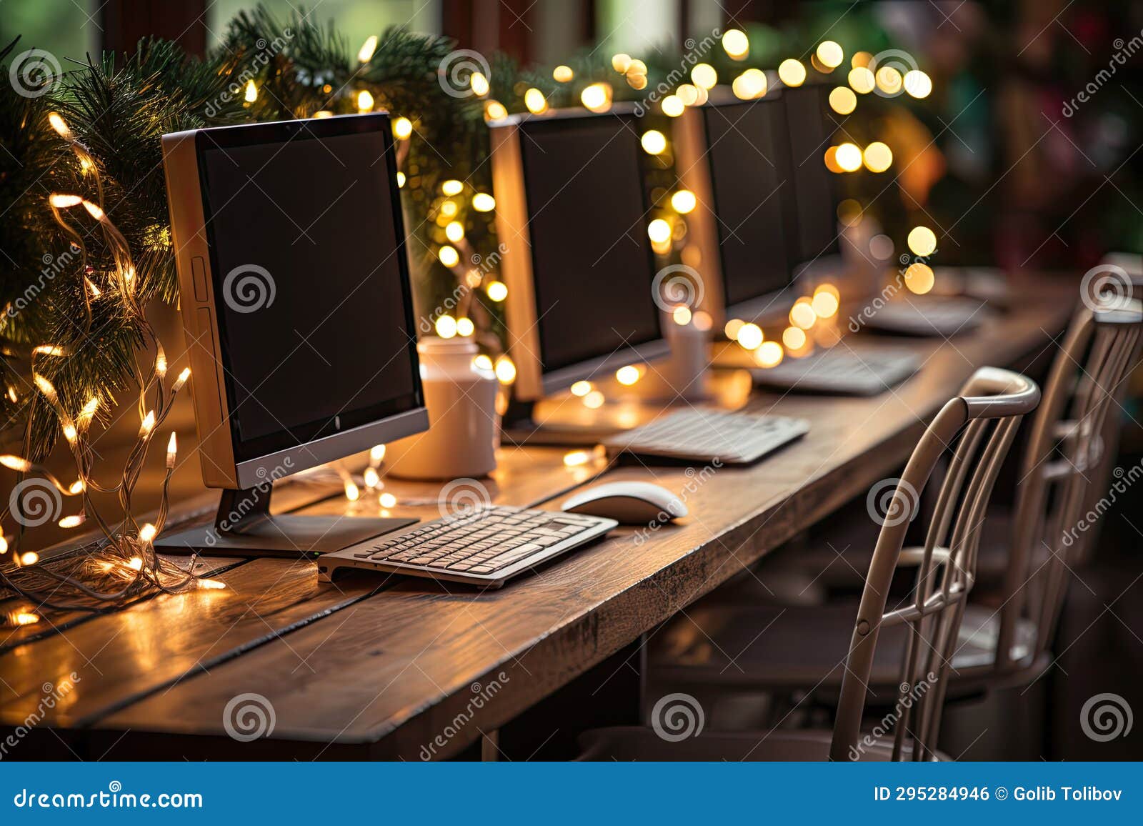 Three Computer Monitors on a Desk with Christmas Lights Stock ...