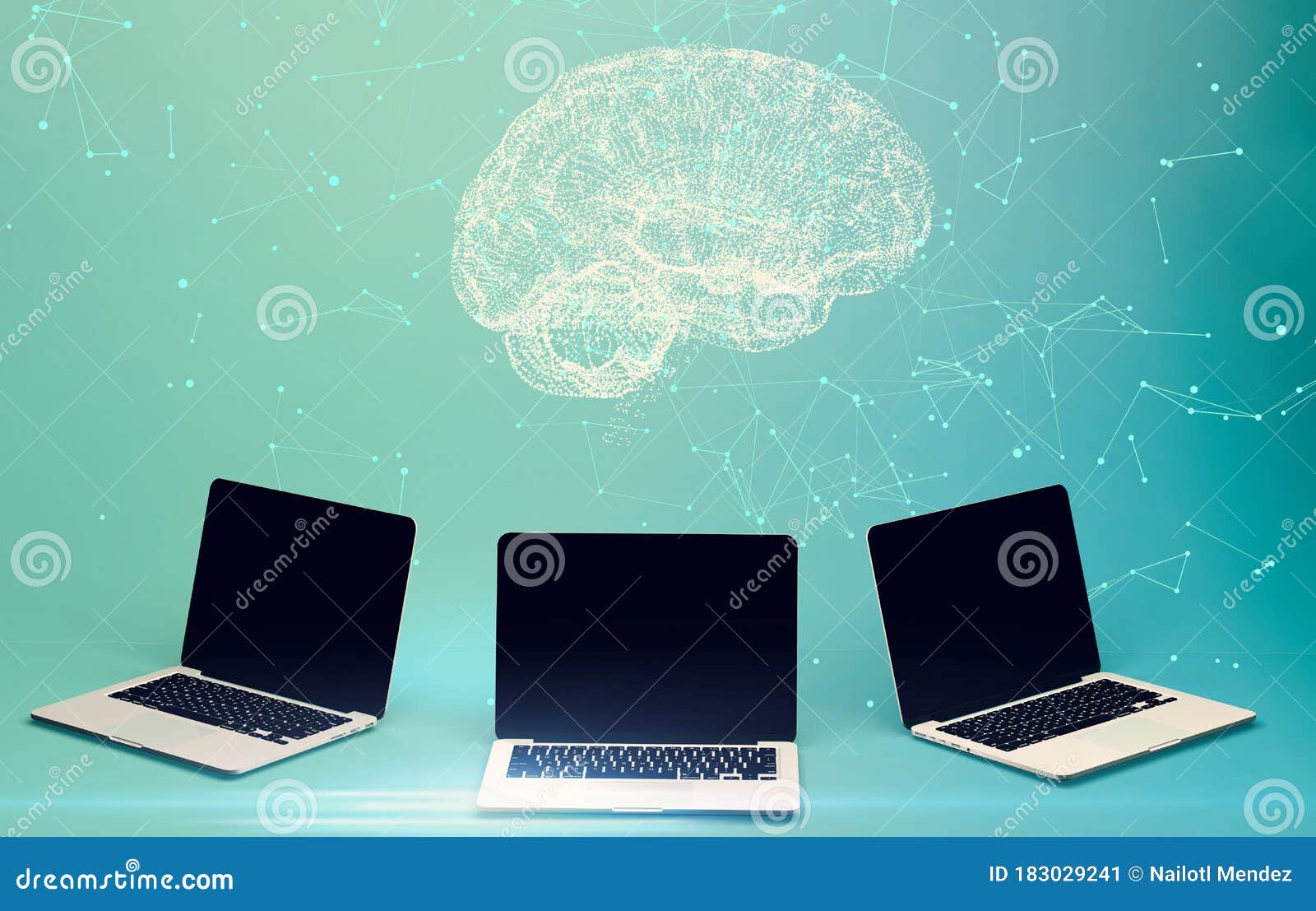 Three Computers on Green Background and Brain with Connections,3D ...