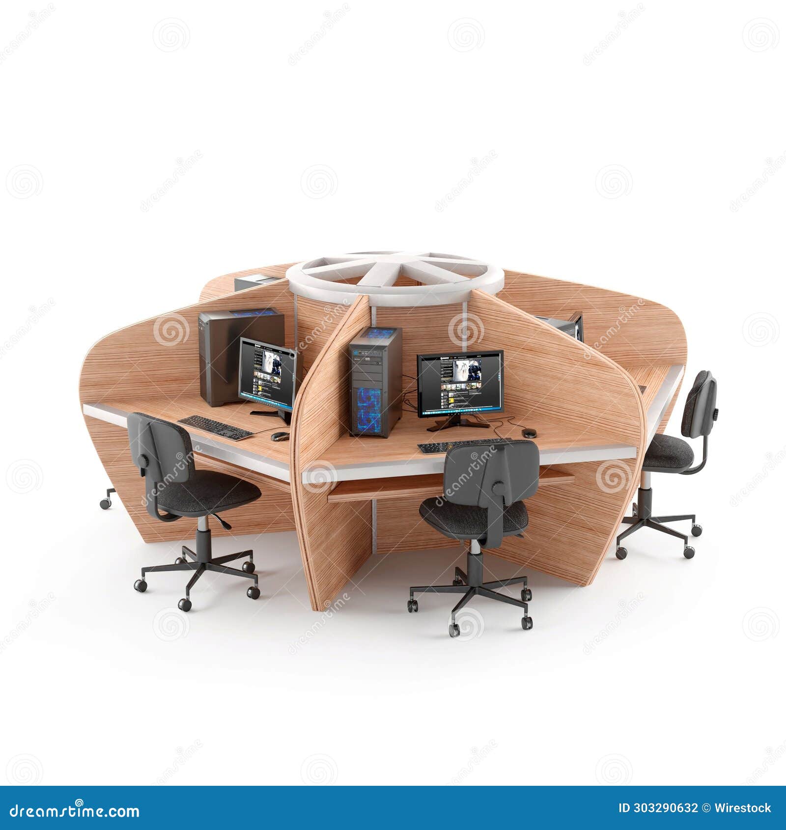 Three Computers Sit in a Computer Desk Next To a Chair Stock ...