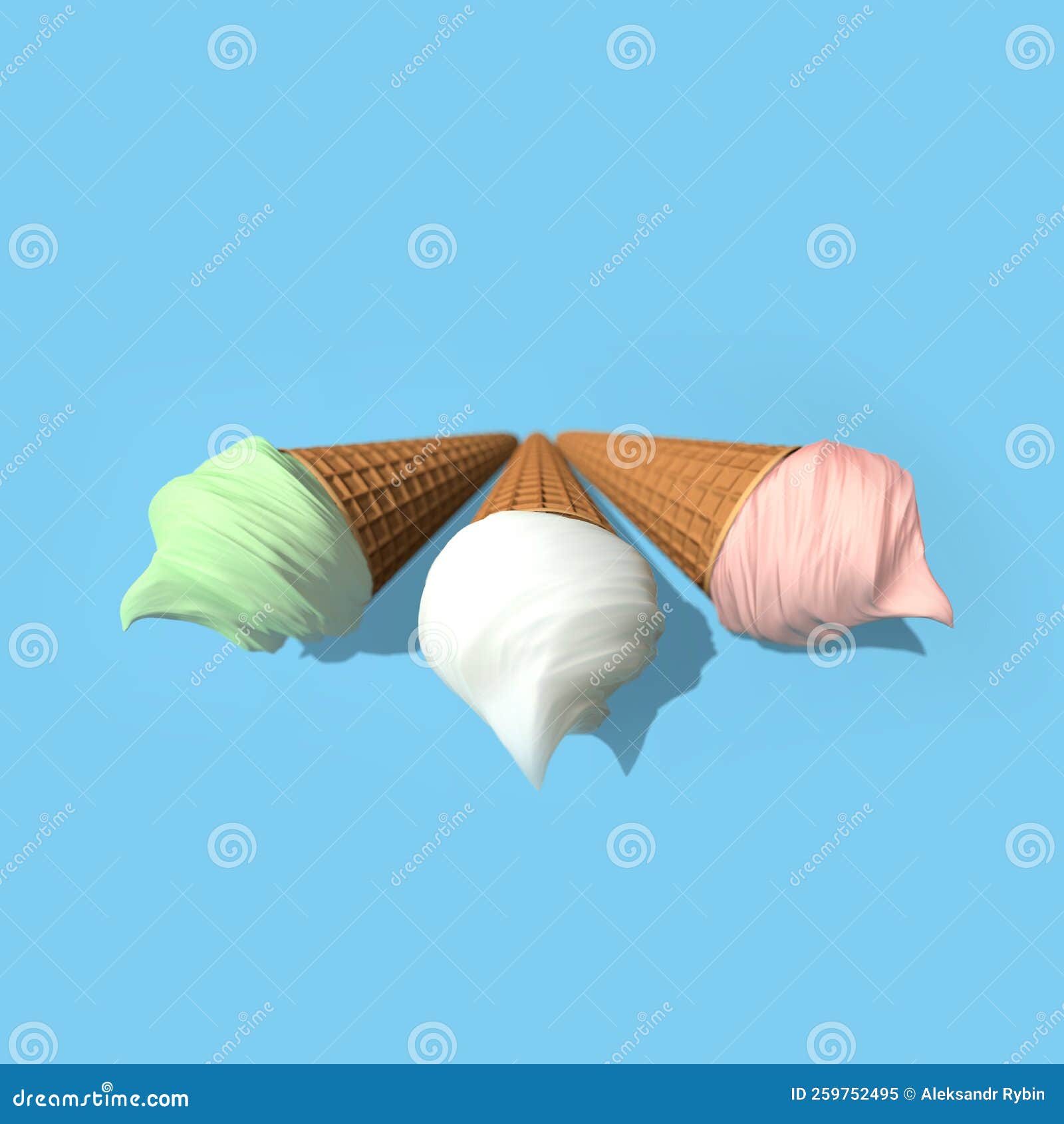 Three Cones of Multi-colored Ice Cream 3d Rendering. Pink, White and ...