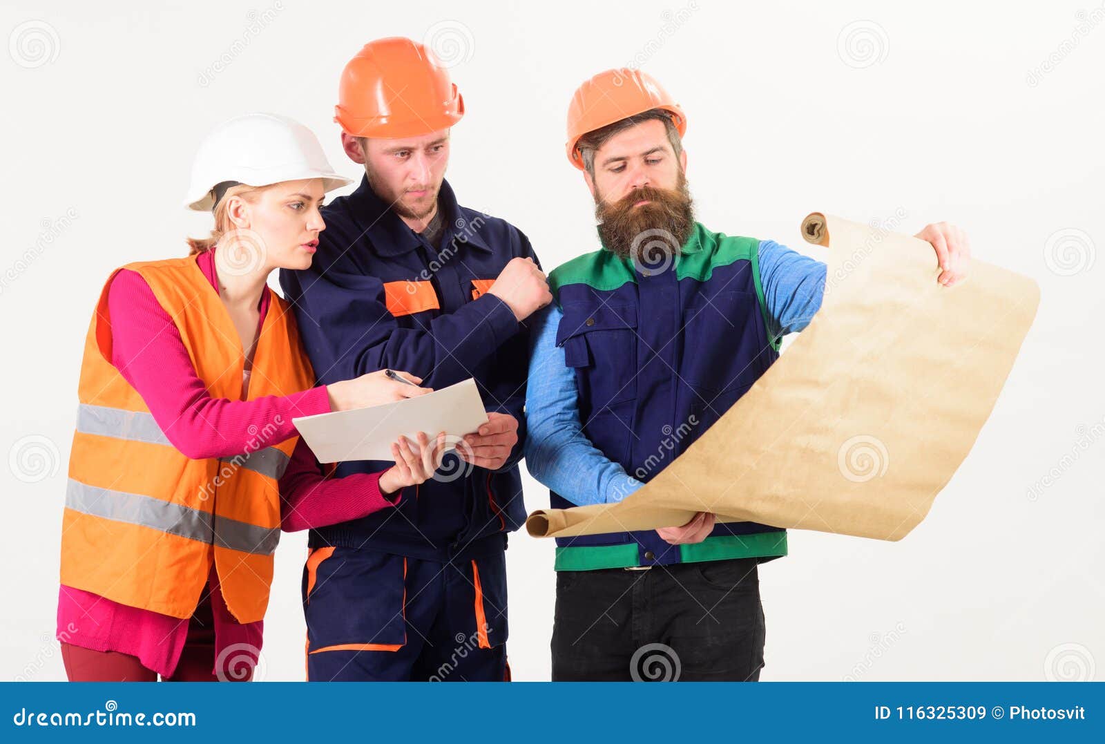 Three Construction Engineers Working Together, Planning for Renovation ...