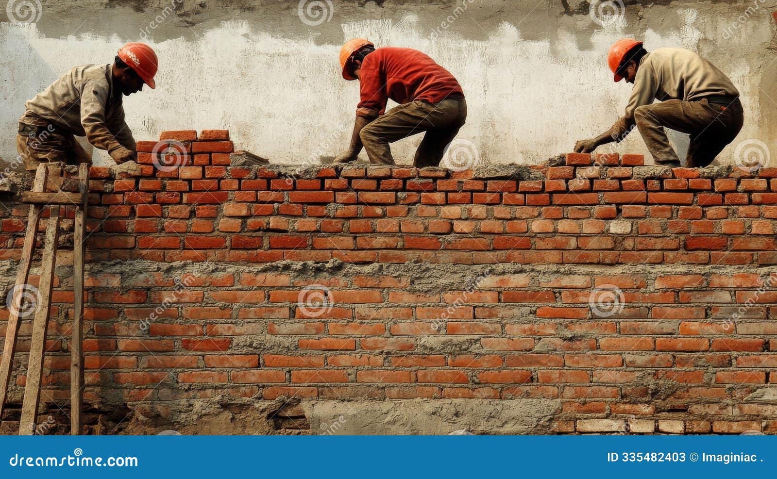 Three Construction Workers Building a Brick Wall Stock Illustration ...