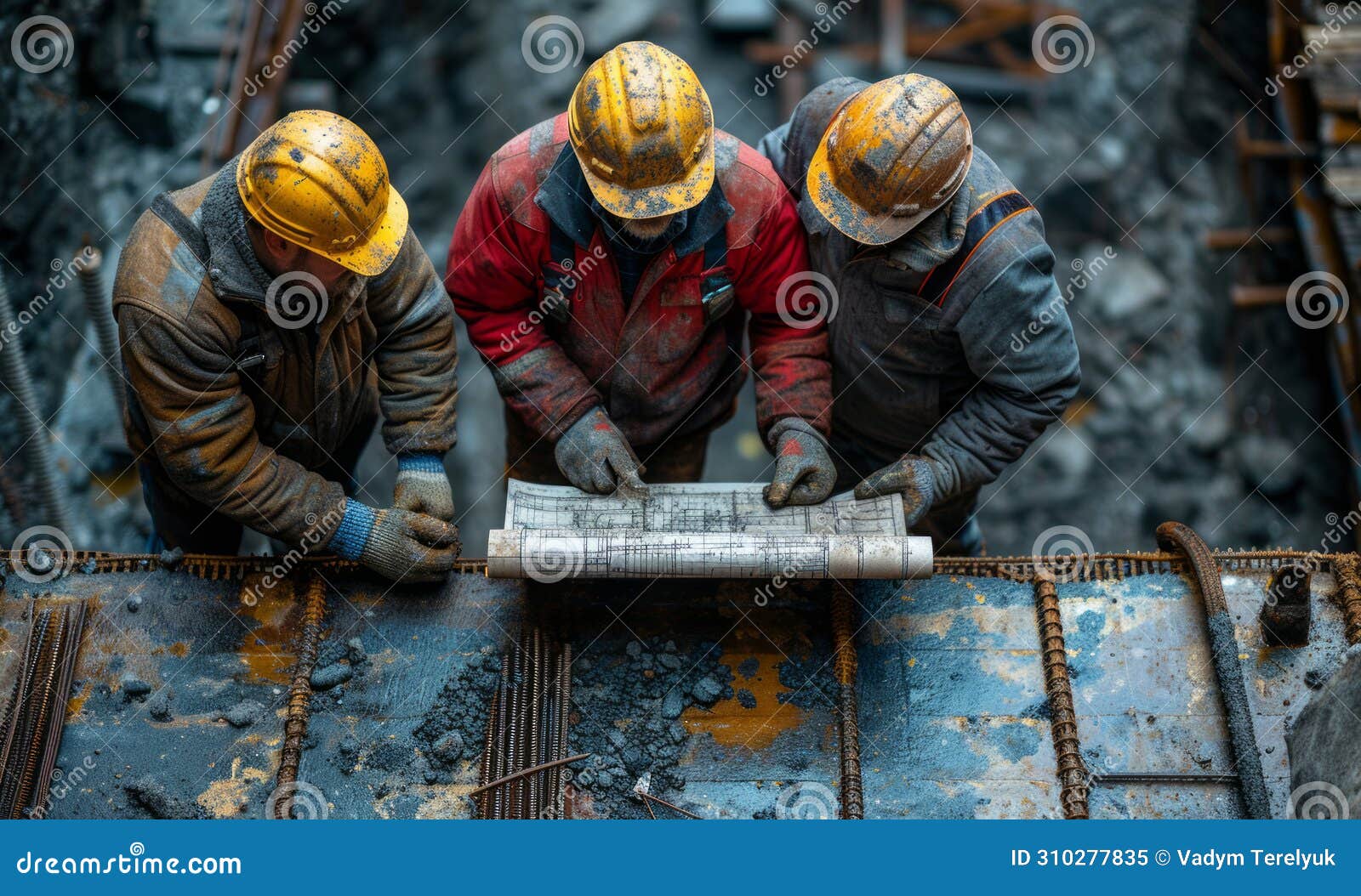 Three Construction Workers Are Standing In Front Of A Building Royalty ...