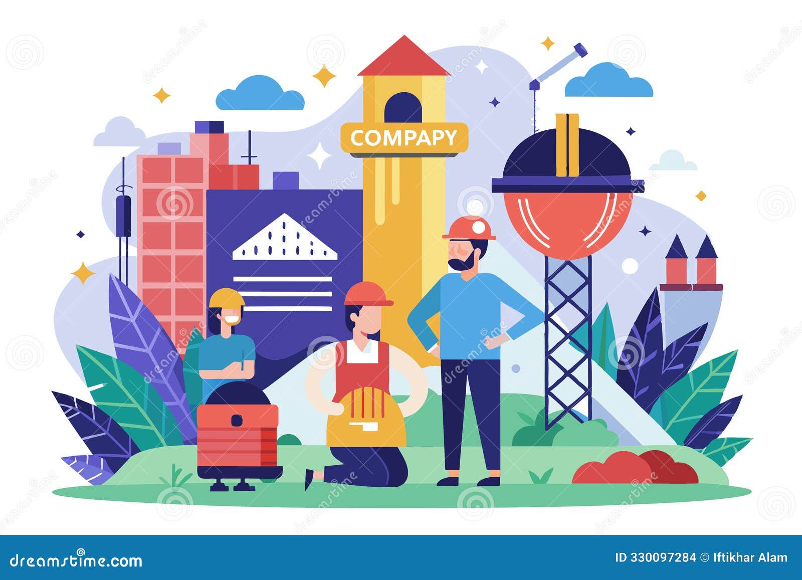 Three Construction Workers Discuss Plans while Surrounded by Modern ...