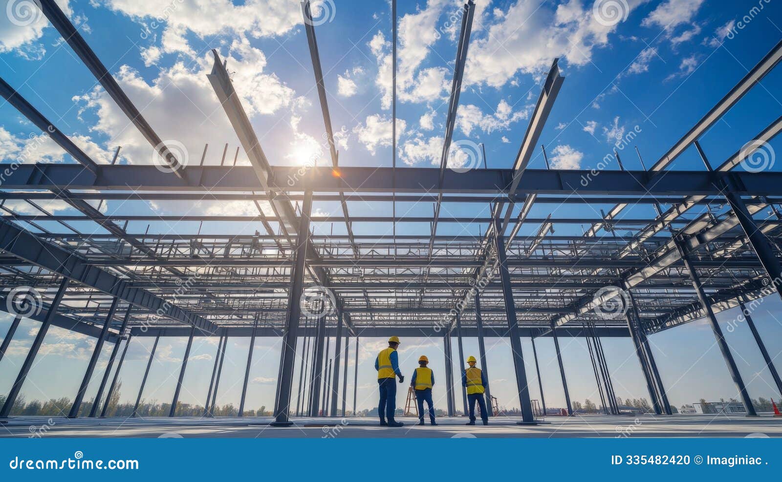 Three Construction Workers Inspecting Steel Frame of Building Stock ...