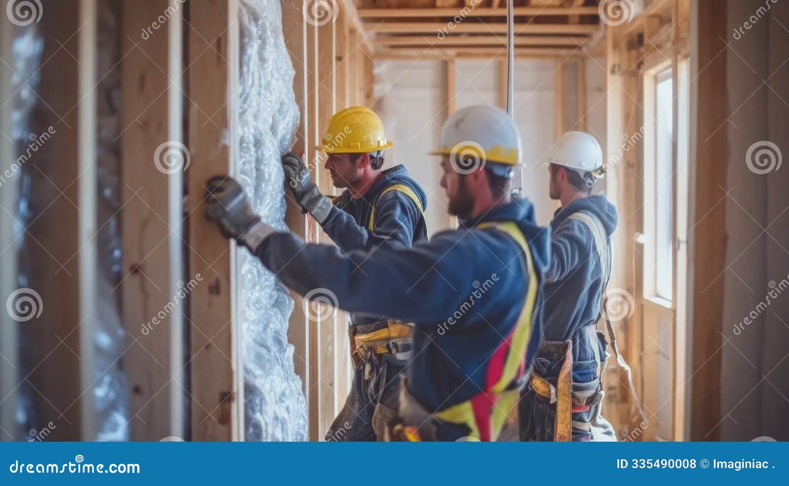 Three Construction Workers Installing Insulation in a New Building Stock Illustration ...