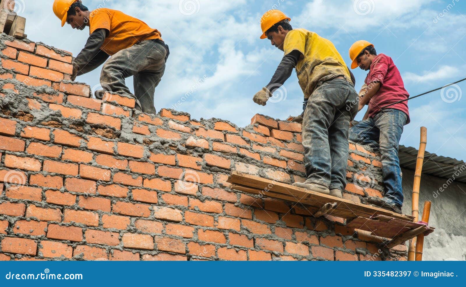 Three Construction Workers Laying Bricks on a Wall Stock Illustration ...