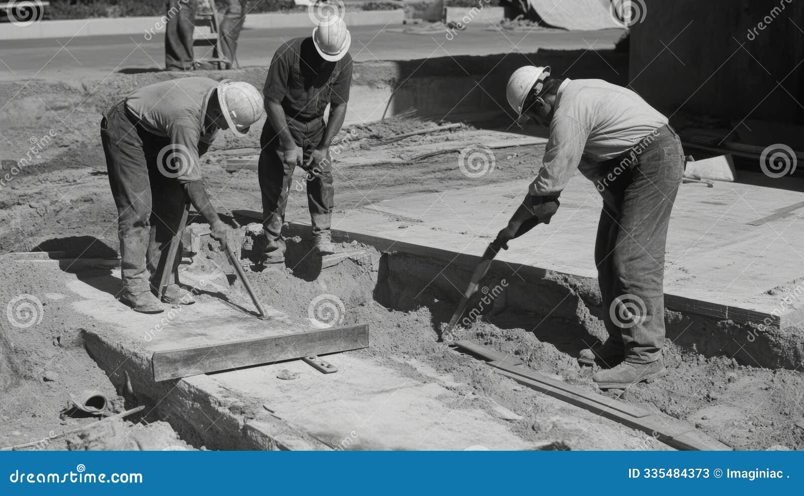 Three Construction Workers Laying Down Concrete Slabs Stock ...