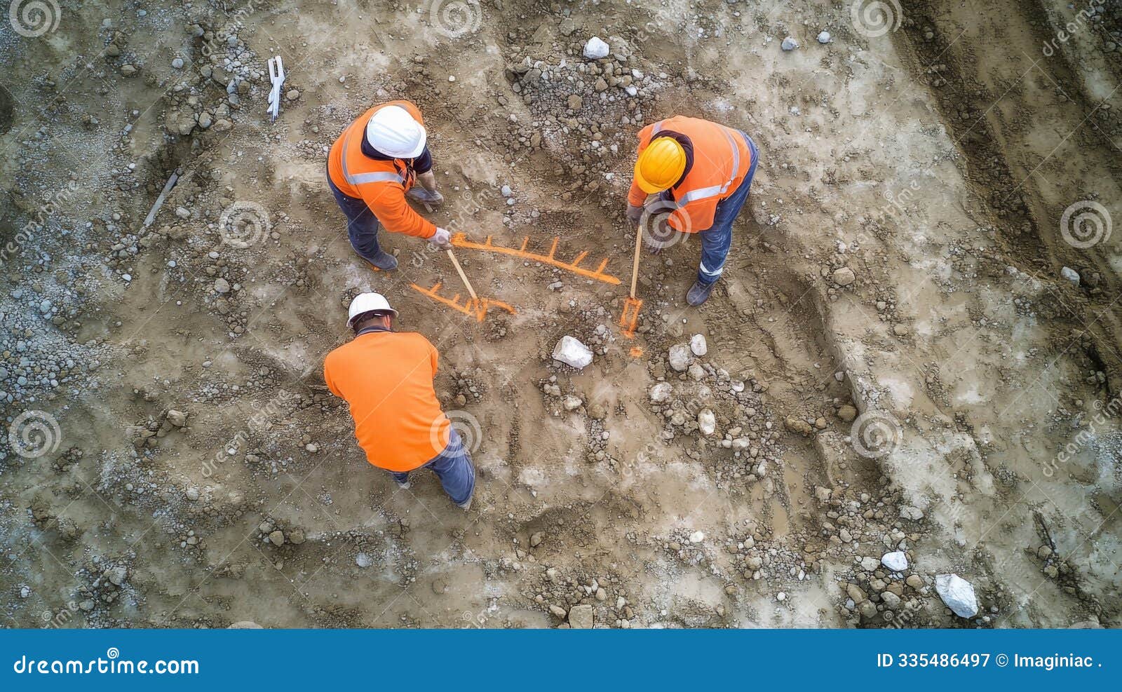 Three Construction Workers Marking an Area on a Gravel Ground Stock ...