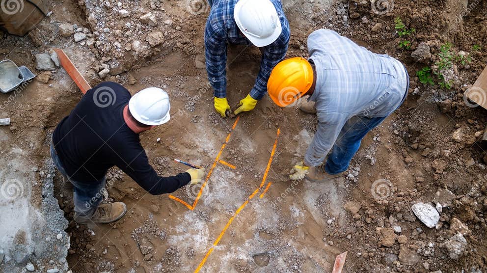 Three Construction Workers Marking Lines on a Dirt Ground Stock ...