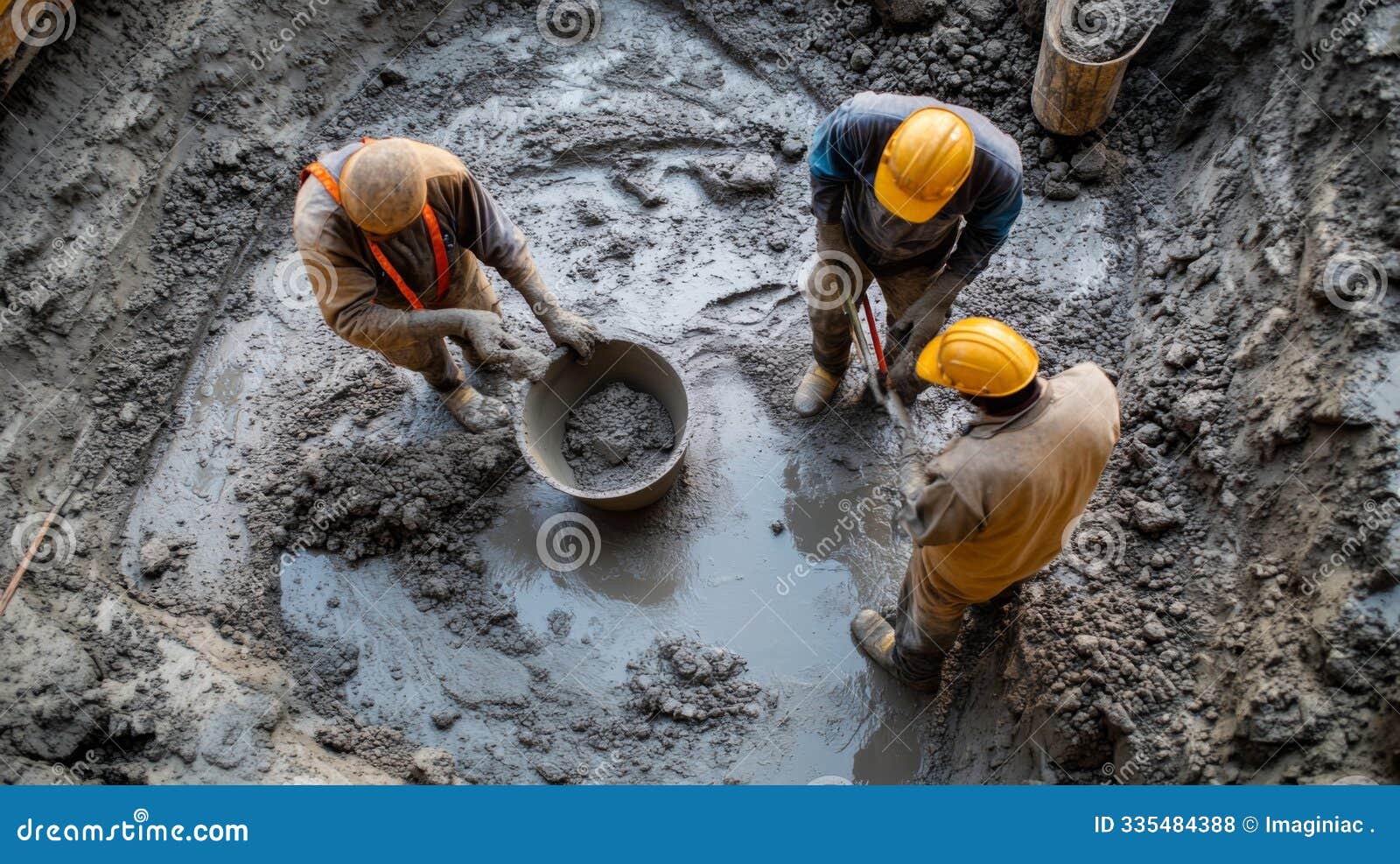 Three Construction Workers Mixing Concrete in a Pit Stock Illustration ...