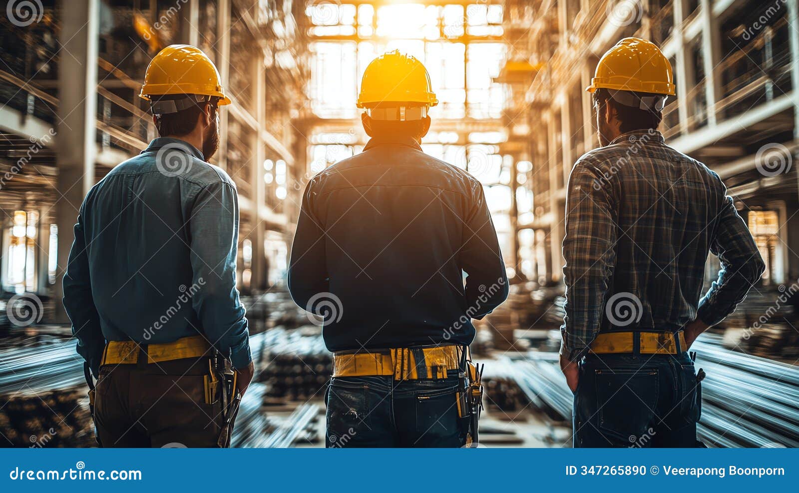 Three Construction Workers Observing a Busy Industrial Site at Sunset ...