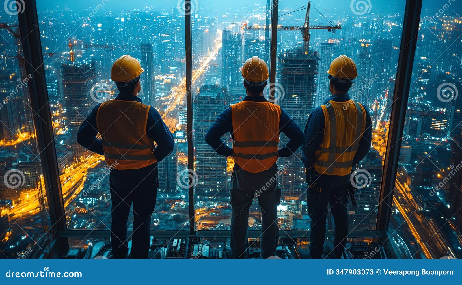Three Construction Workers Oversee A City Skyline At Night From A High ...