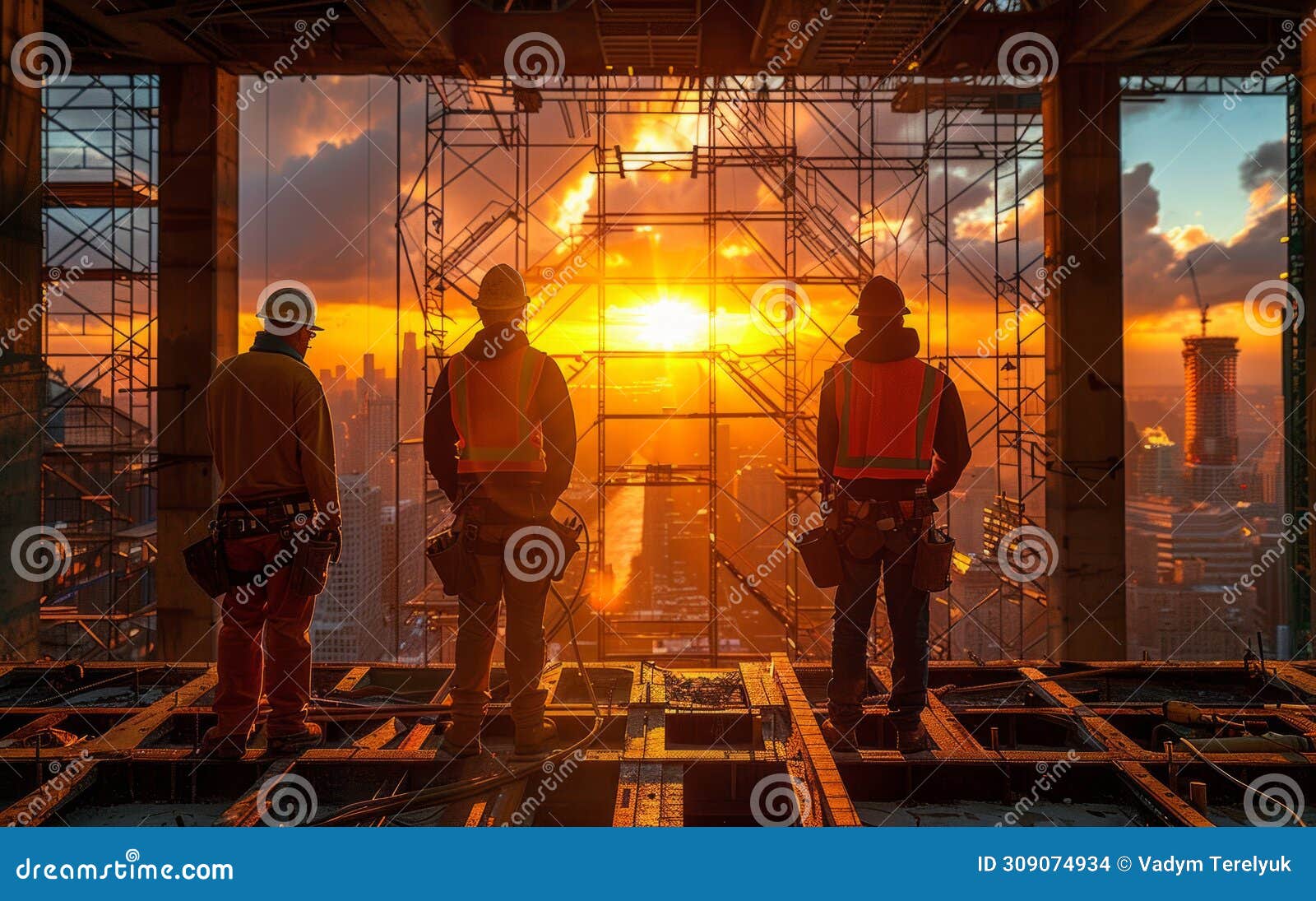 Three Construction Workers are Standing on Scaffolding and Watching the ...