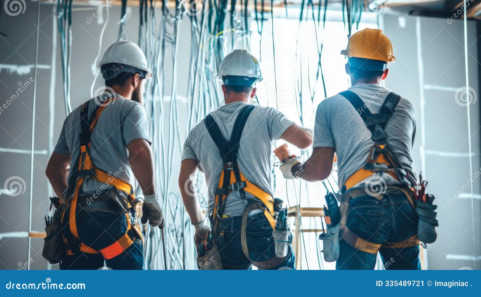 Three Construction Workers Wearing Hard Hats and Safety Gear Stock ...