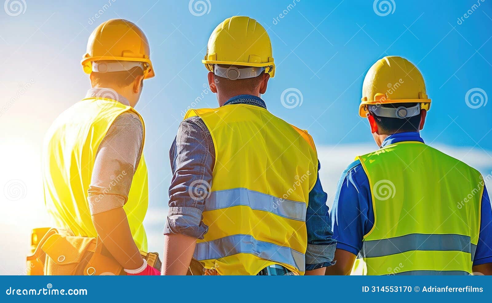 Three Construction Workers Are Standing In Front Of A Building Royalty ...