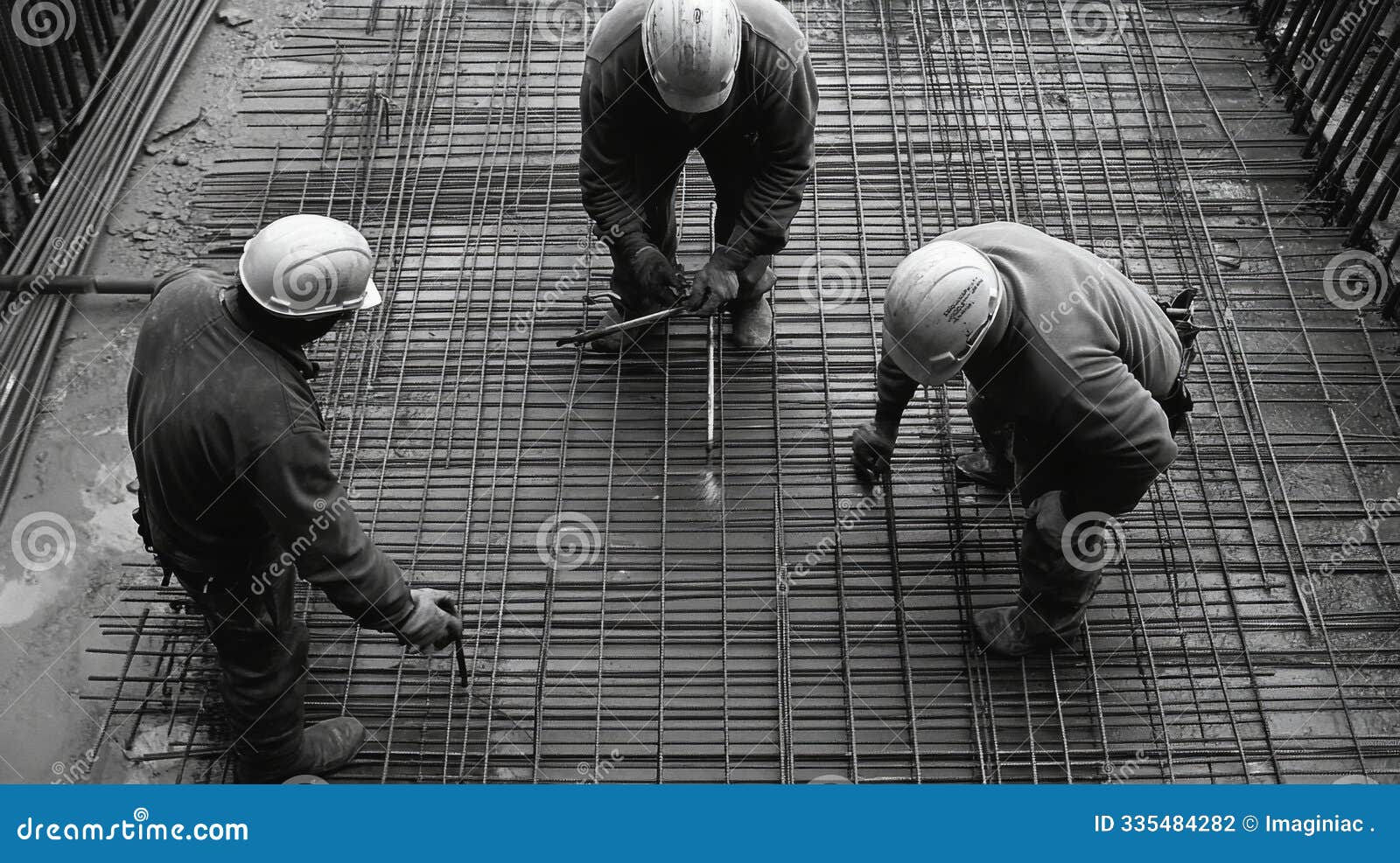 Three Construction Workers Working on a Steel Grid Floor Stock ...