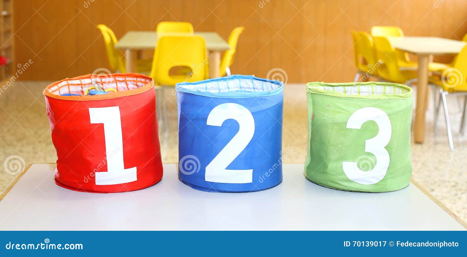 Three Containers for Toys with Numbers One Two Three in a Class Stock ...