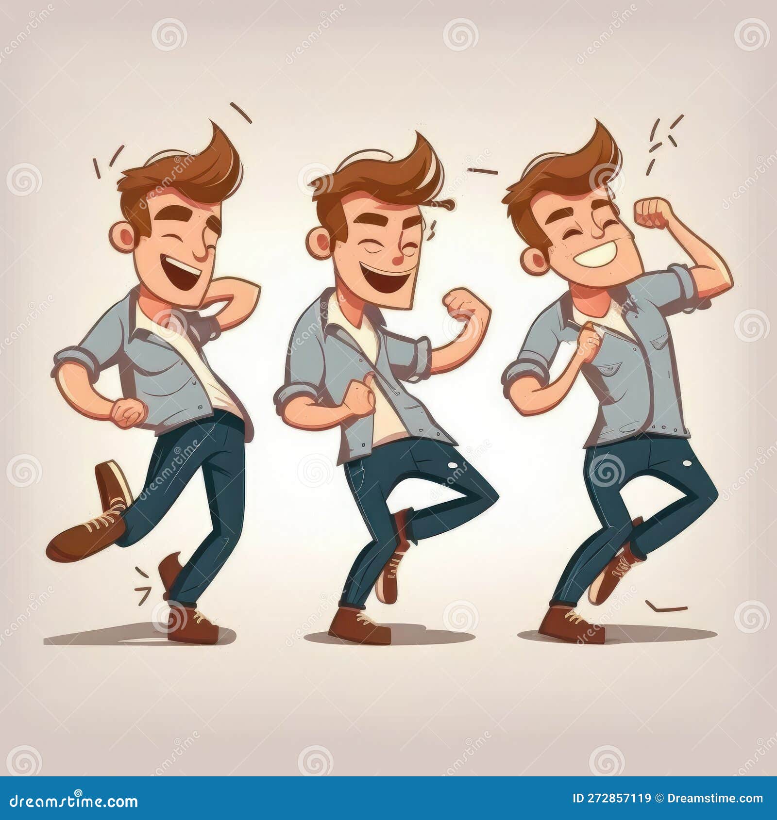 Three Cool Charming Happy Guys Dancing on a Light Colorful Background ...