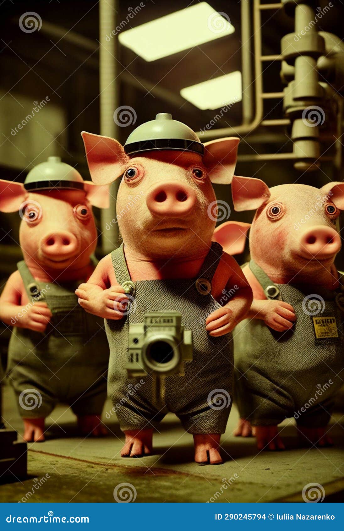 Three Cool Funny Pigs with Production Uniforms Work in a Factory. AI ...