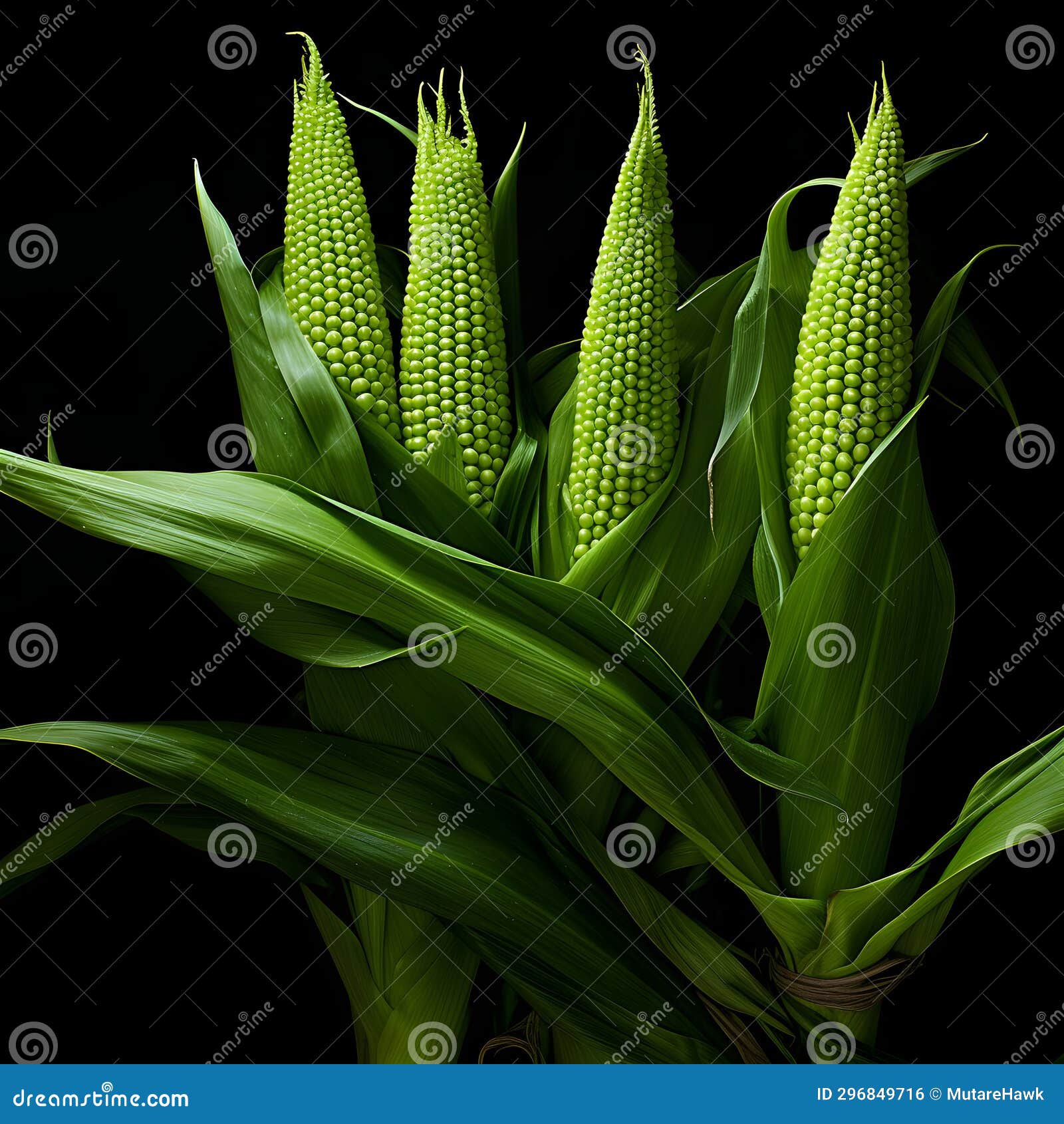 Three Corn Cobs with Small Kernels on Green, Plants, Isolated Black ...