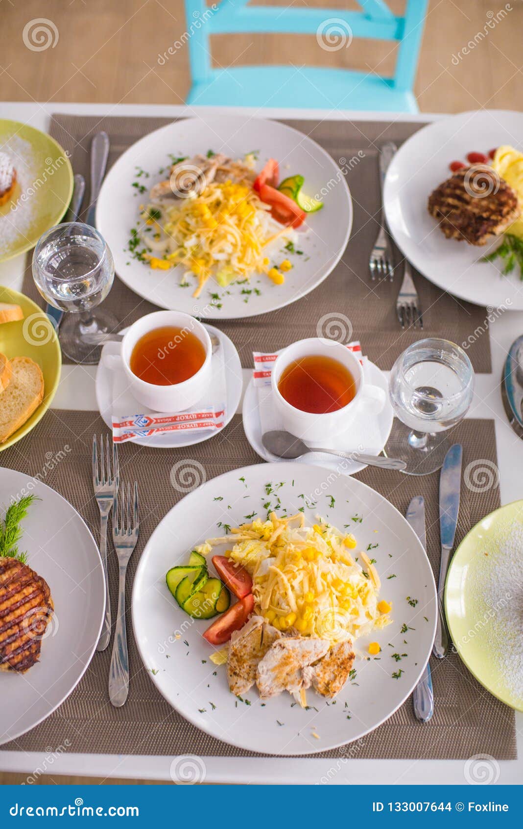 Three-course Dinner, Salad, Steak with Mashed Potatoes Stock Photo ...