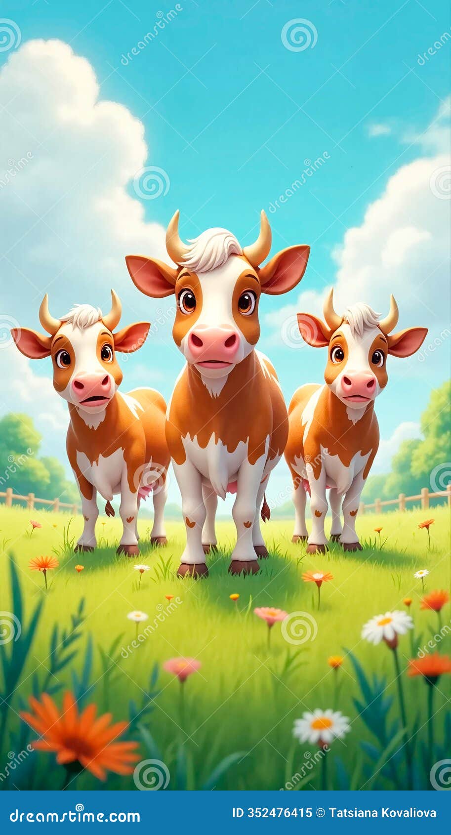 Three Cows in the Meadow with Flowers, Digital Painting Illustration Stock Illustration ...