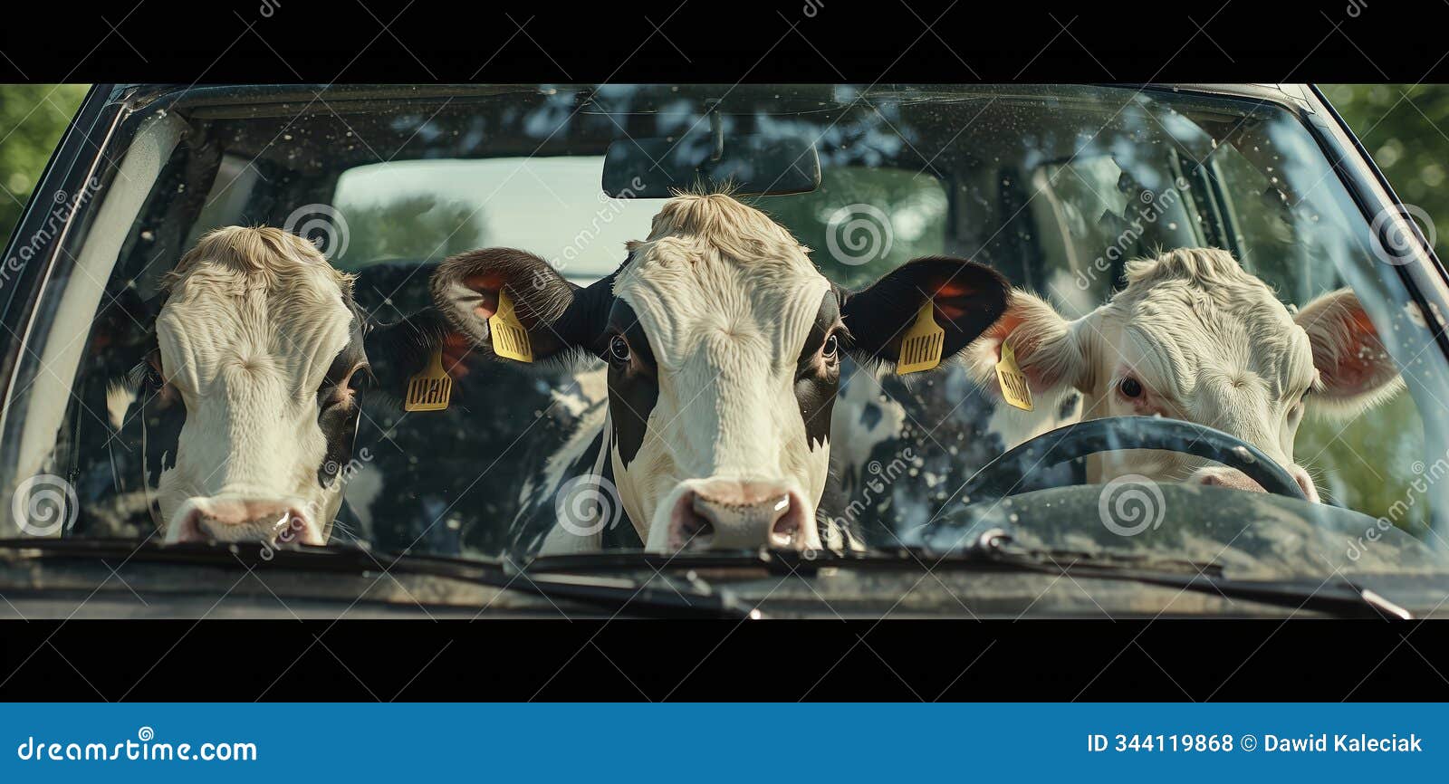 Three Cows are Seated in the Front of a Car, with One Cow Holding the ...
