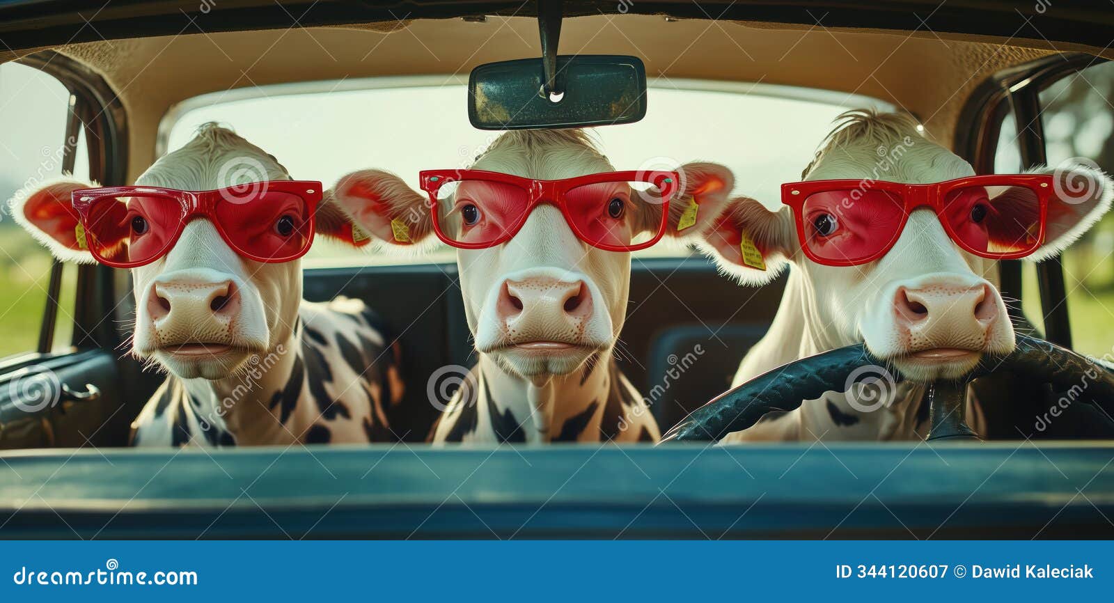 Three Cows are Seated in the Front of a Car, with One Cow Holding the ...