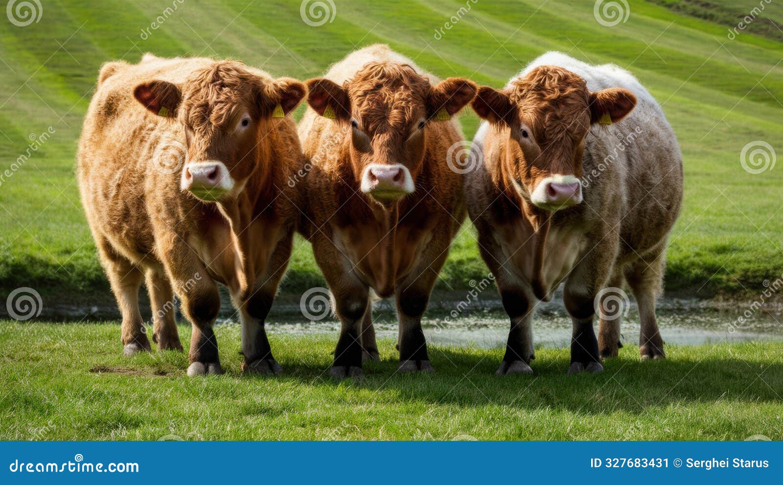 Three Cows Standing in a Field with Grass and Water, AI Stock Image ...
