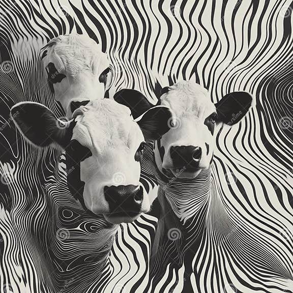 Surreal Black and White Cows with Abstract Striped Background Stock ...