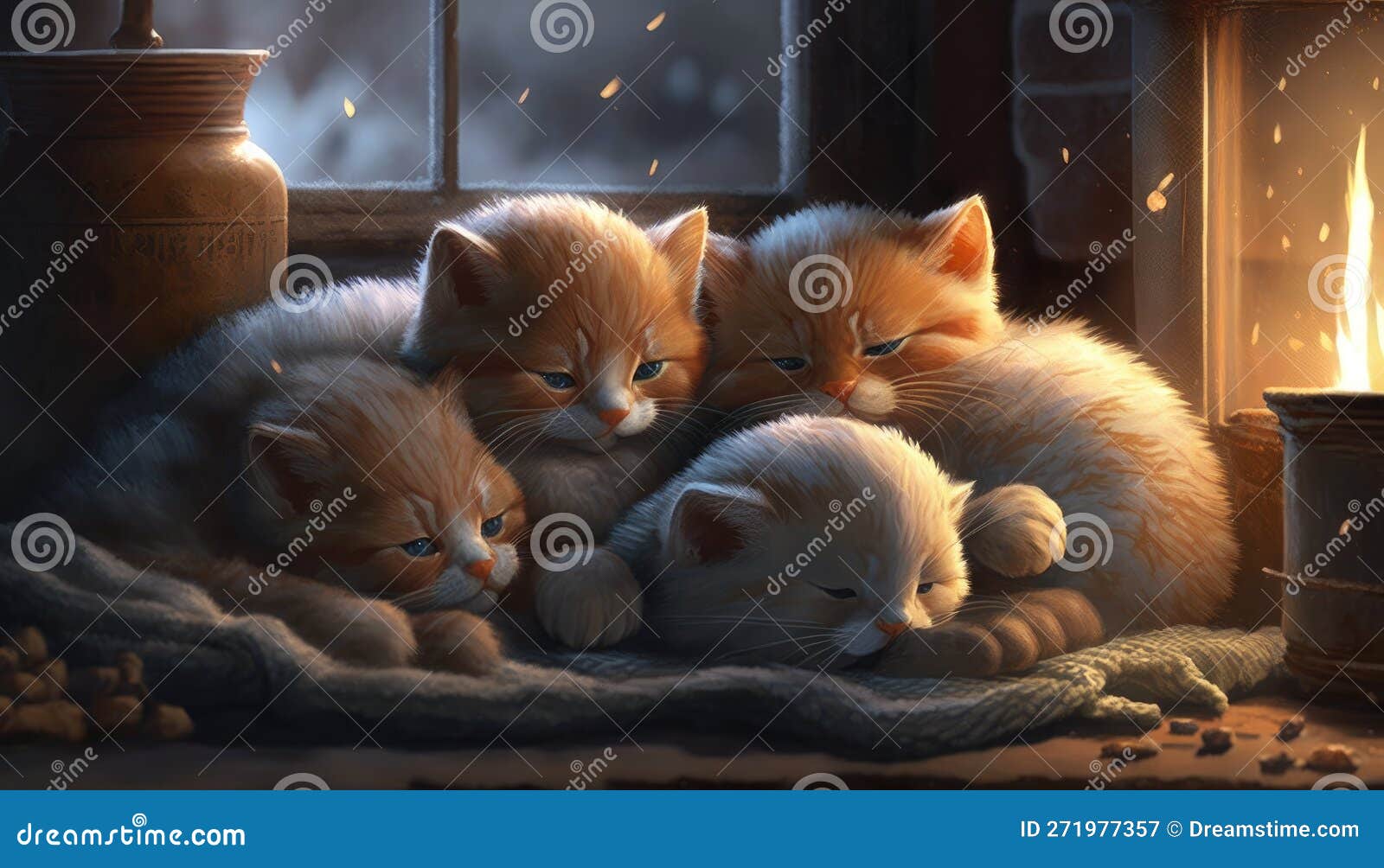 Three Cozy Kittens Sleeping by the Fireplace Stock Illustration ...