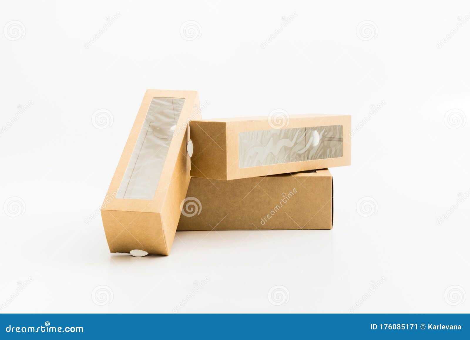 Three Craft Brown Paper Boxes with Transparent Window on White ...