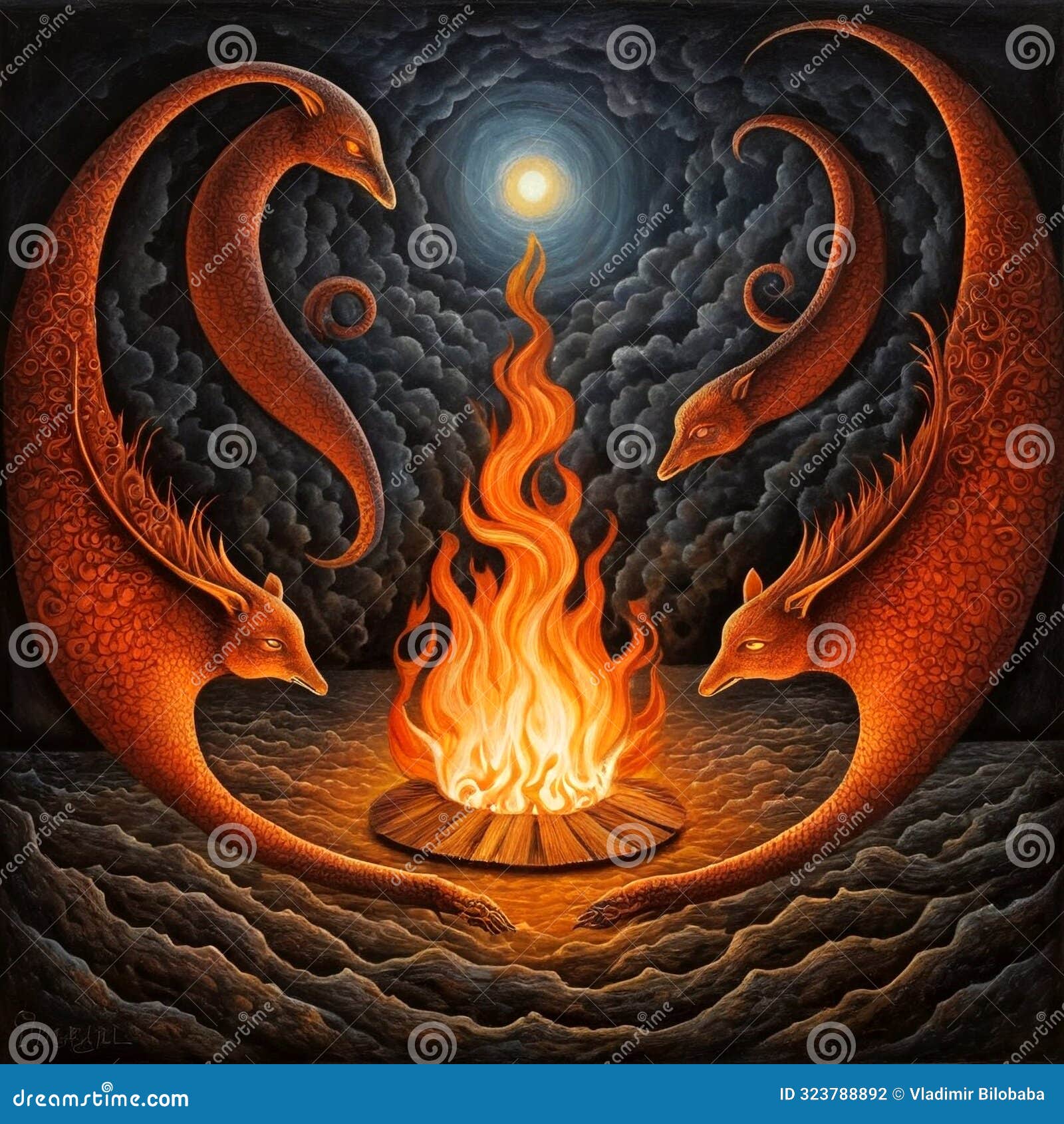 Three Creatures Around A Fire Under A Night Sky Stock Photography ...