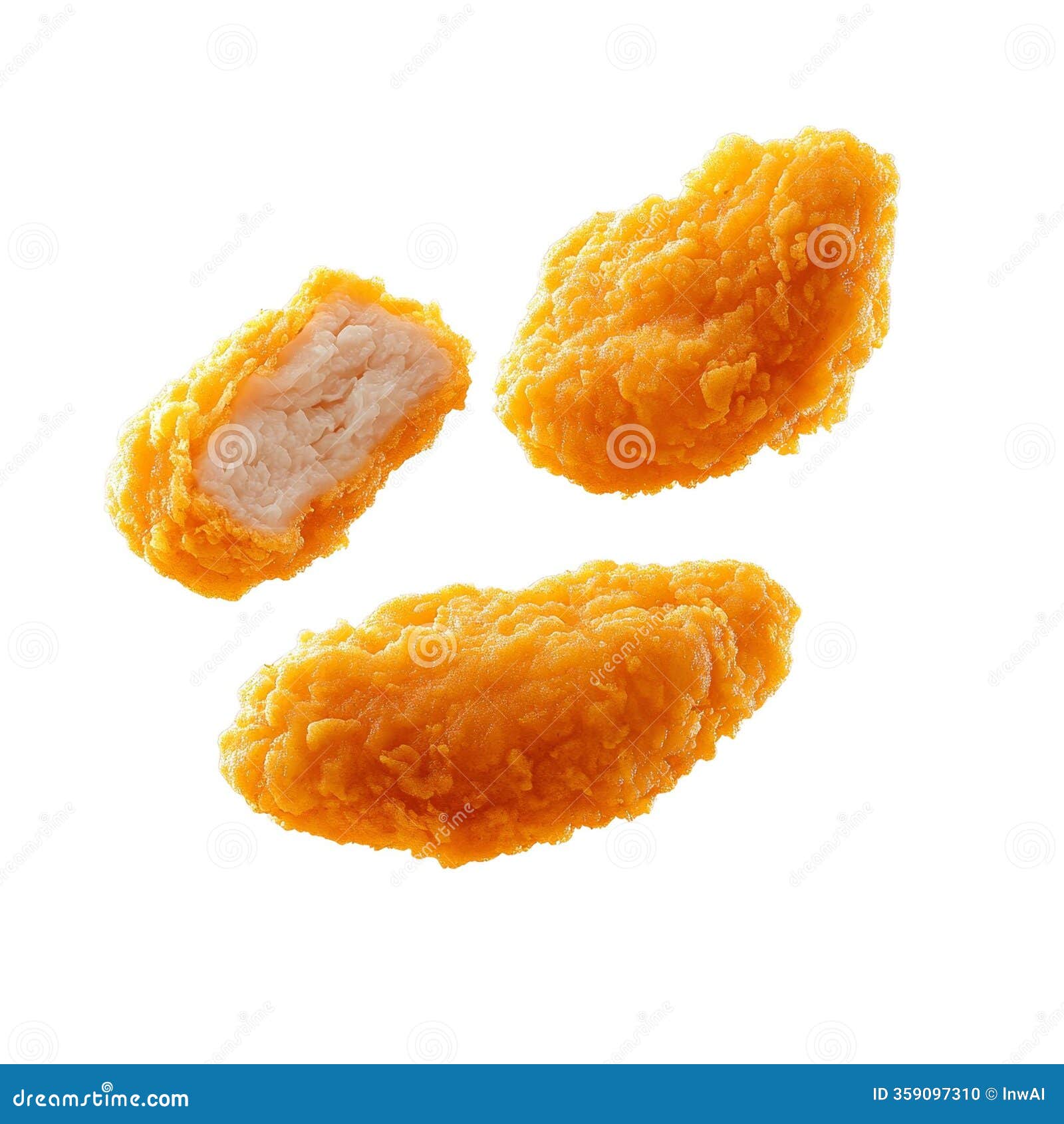 Three Crispy Chicken Nuggets With A Golden Coating On A White Isolated ...