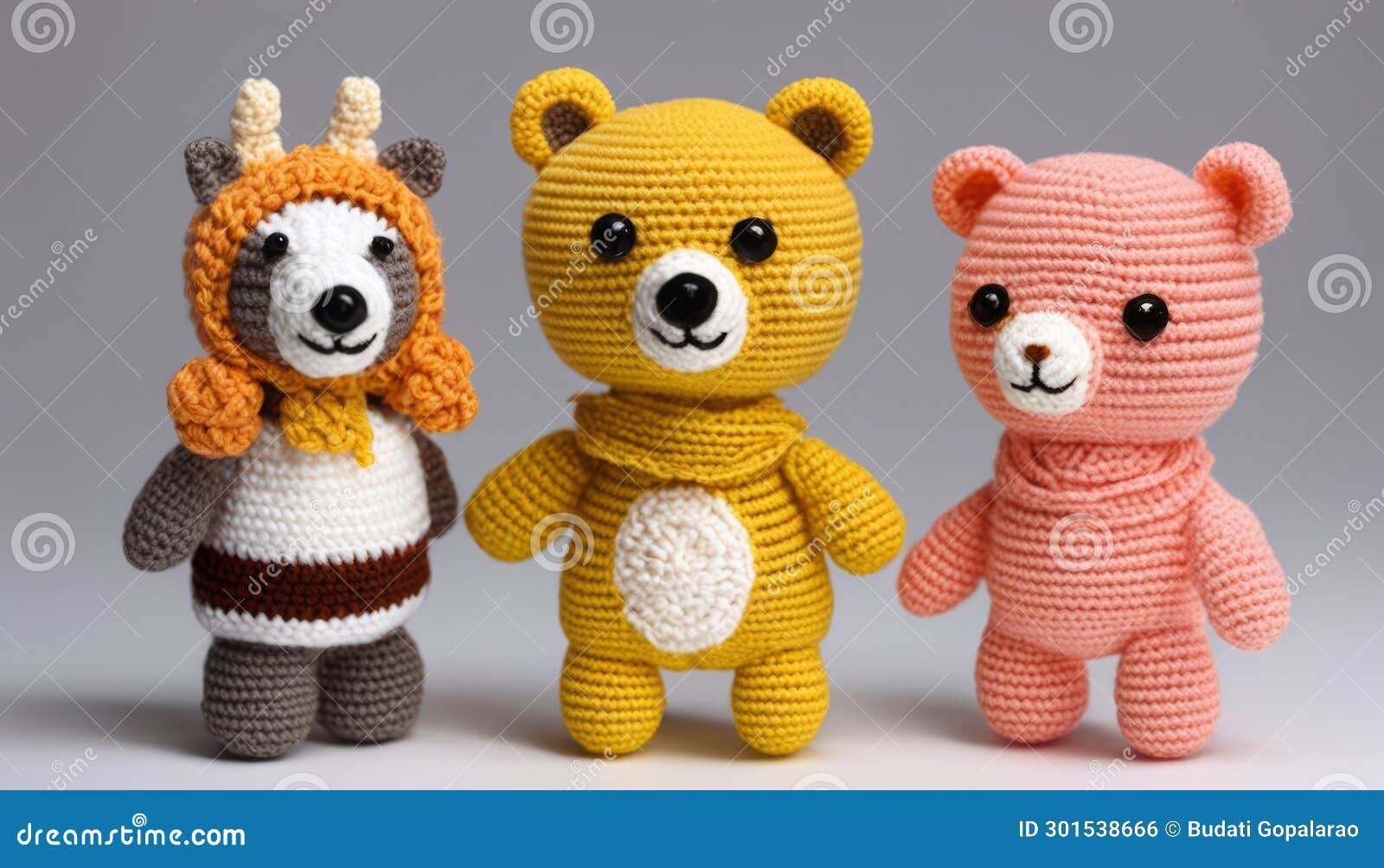 Three Crocheted Teddy Bears with Different Colors Stock Illustration ...