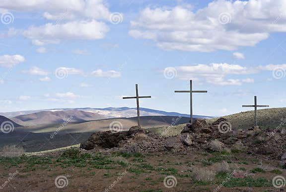 Three Crosses in the Desert Stock Photo - Image of cross, religious ...