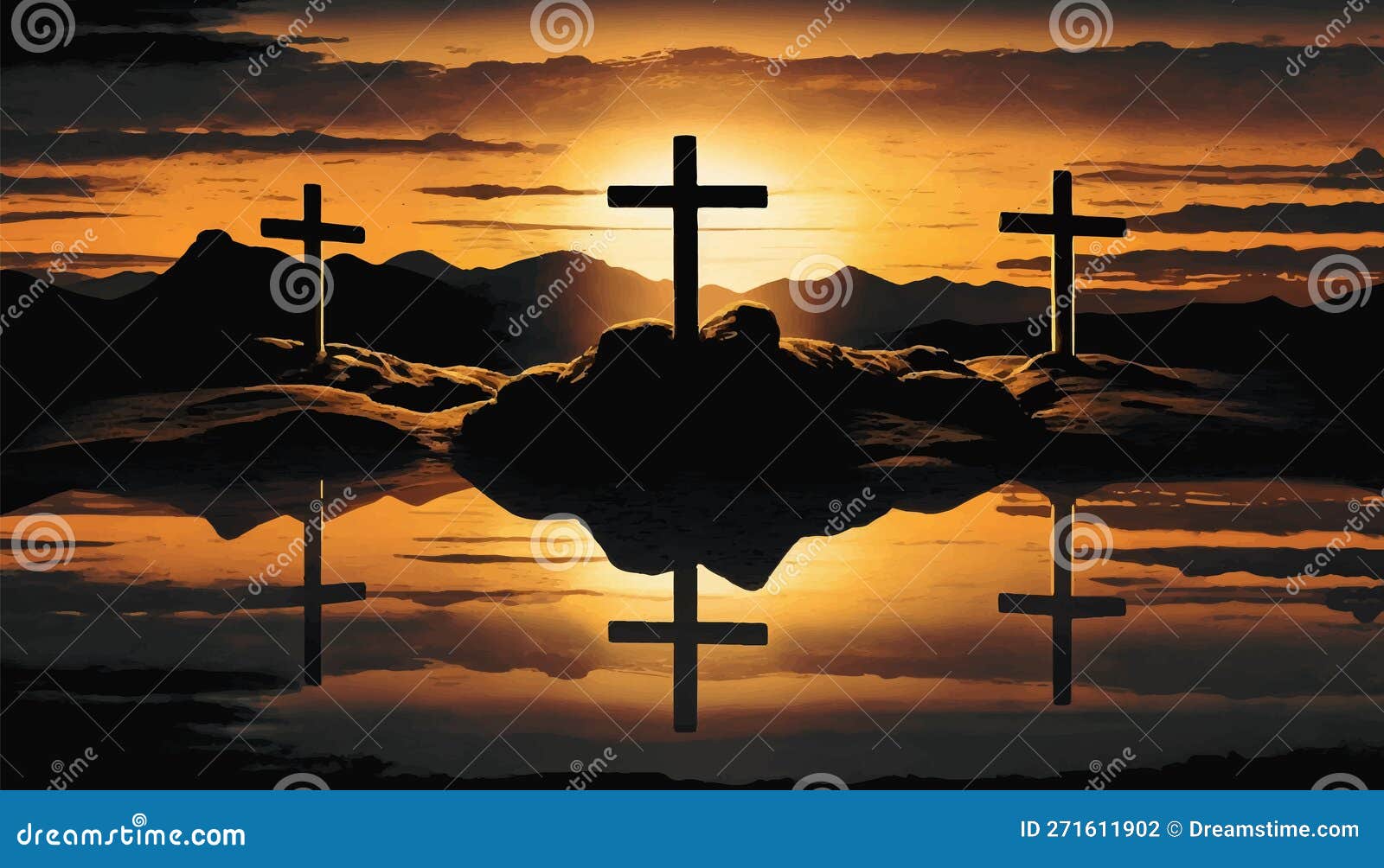 Three Crosses on a Hill with Clouds with Sunburst Background Stock ...