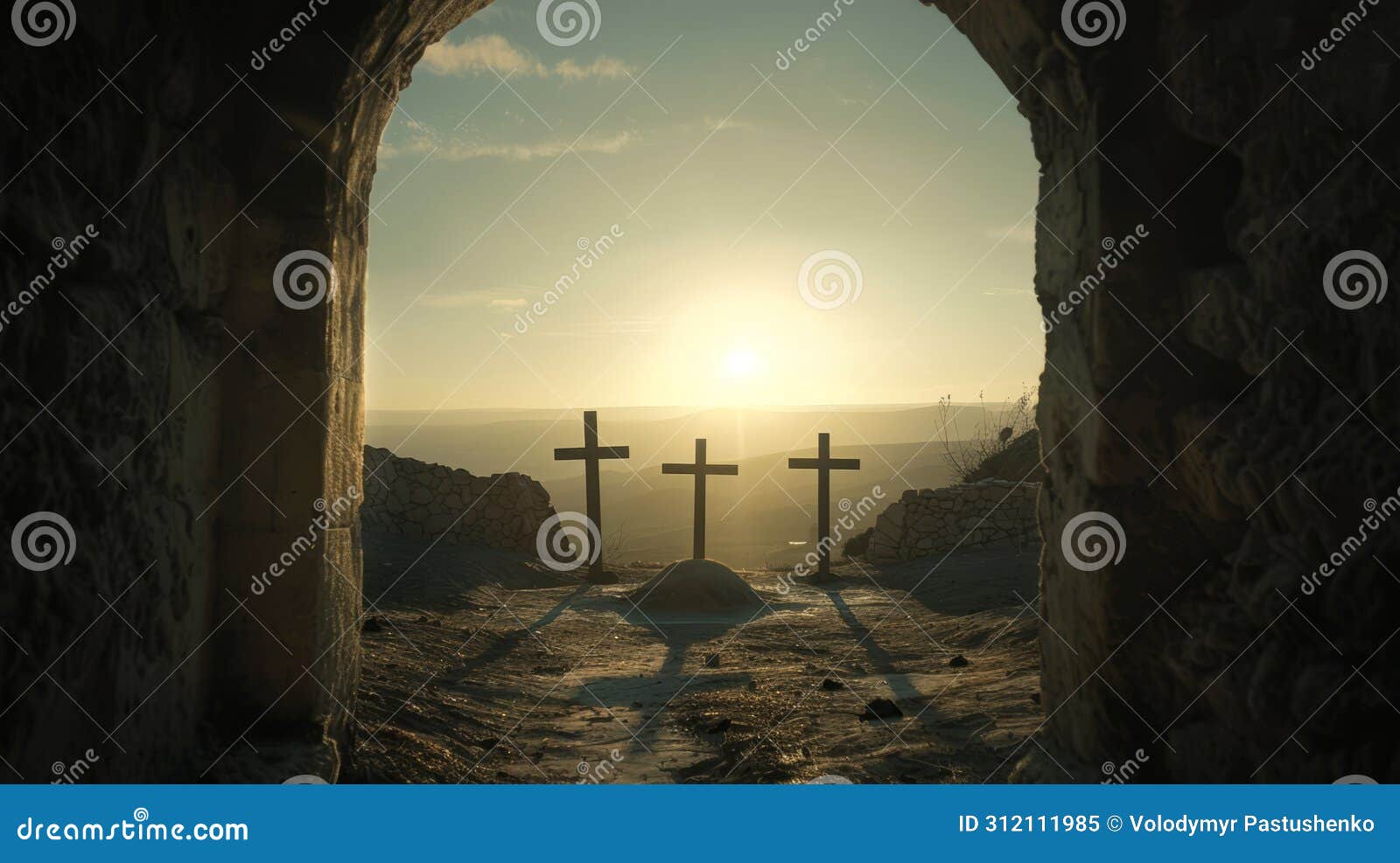 Three Crosses Stand Outside Empty Tomb Stock Image - Image of horizon ...