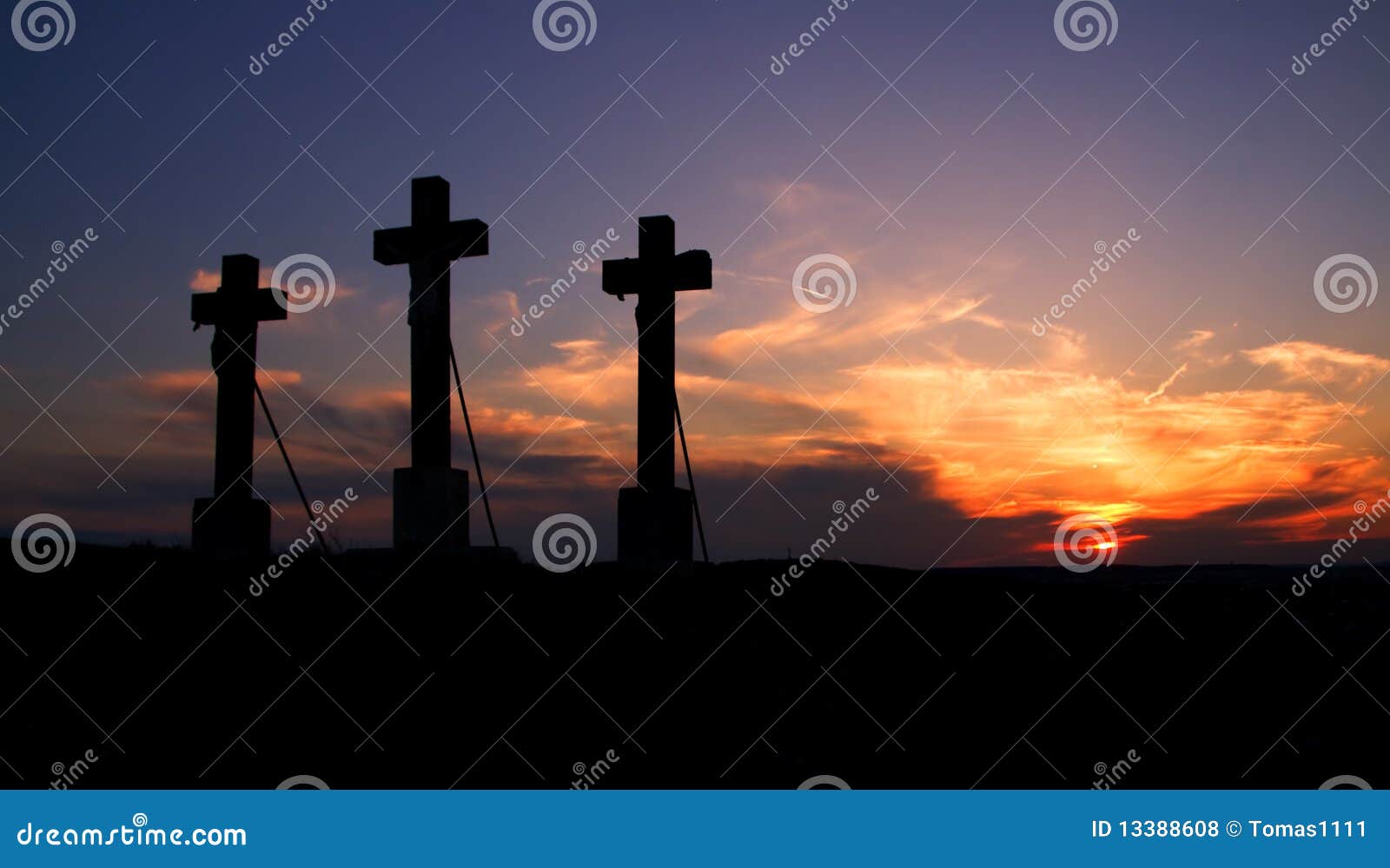 Three crosses on sunset. stock photo. Image of landscape - 13388608