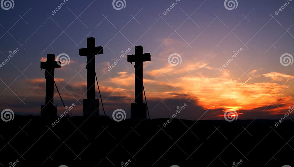 Three crosses on sunset. stock photo. Image of landscape - 13388608