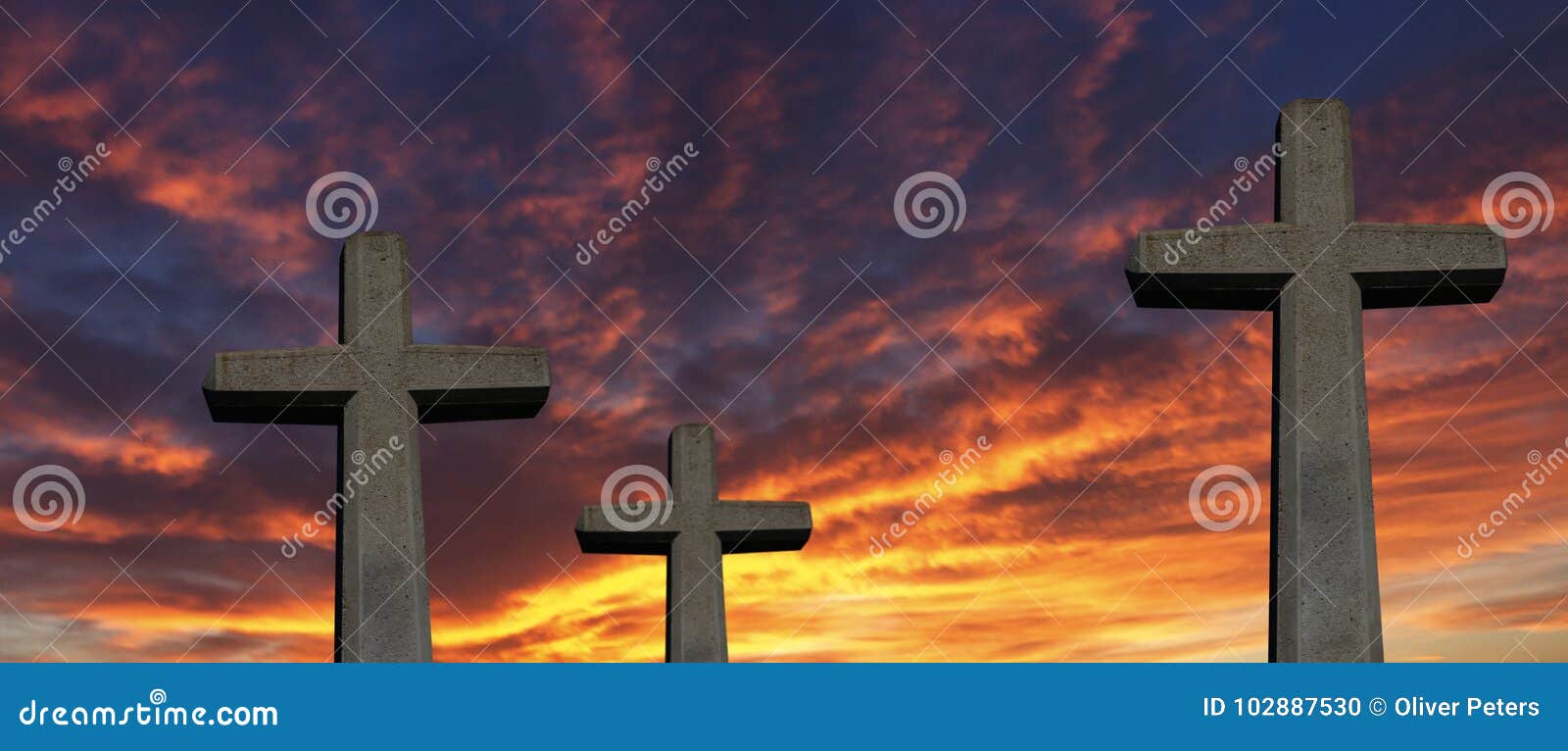 Three Crosses at sunset stock photo. Image of hope, crucifixion - 102887530
