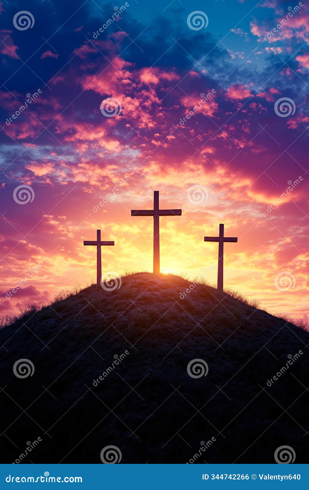 Three Crosses on Top of a Hill at Sunset Stock Photo - Image of ...