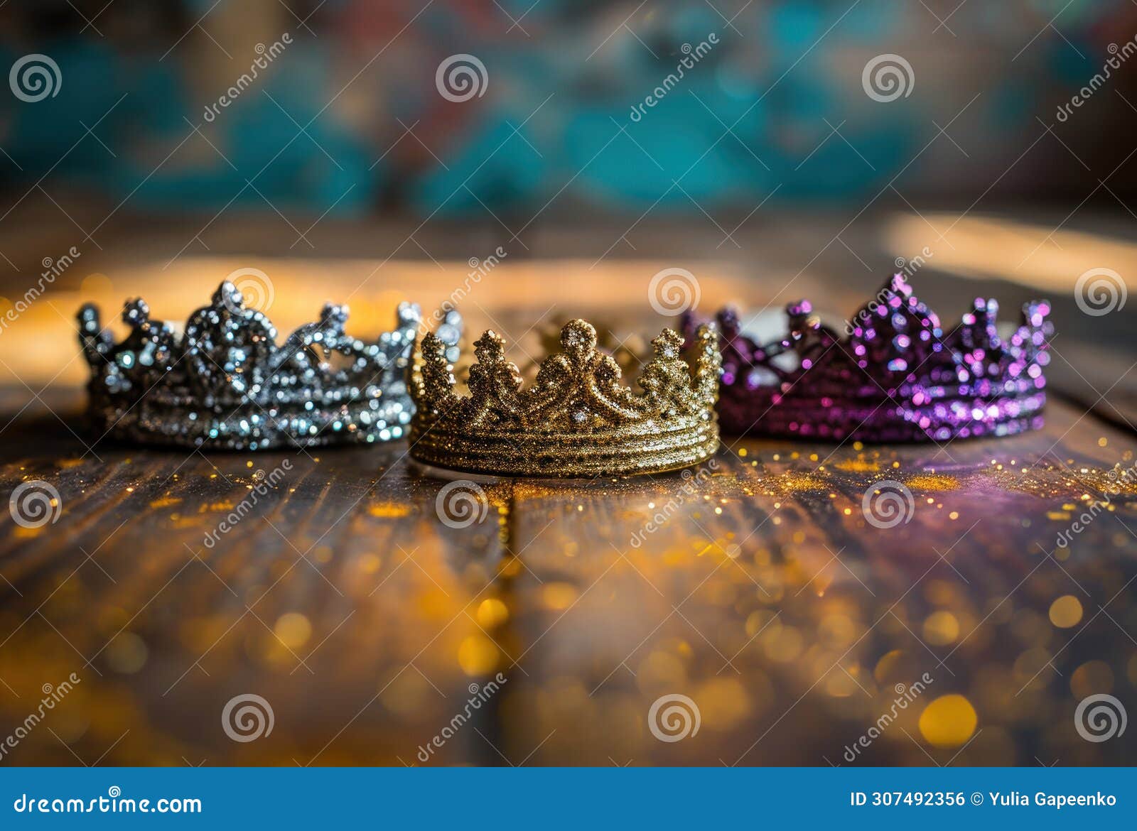 Three Crowns of Colors on a Table Stock Photo - Image of jewelery ...