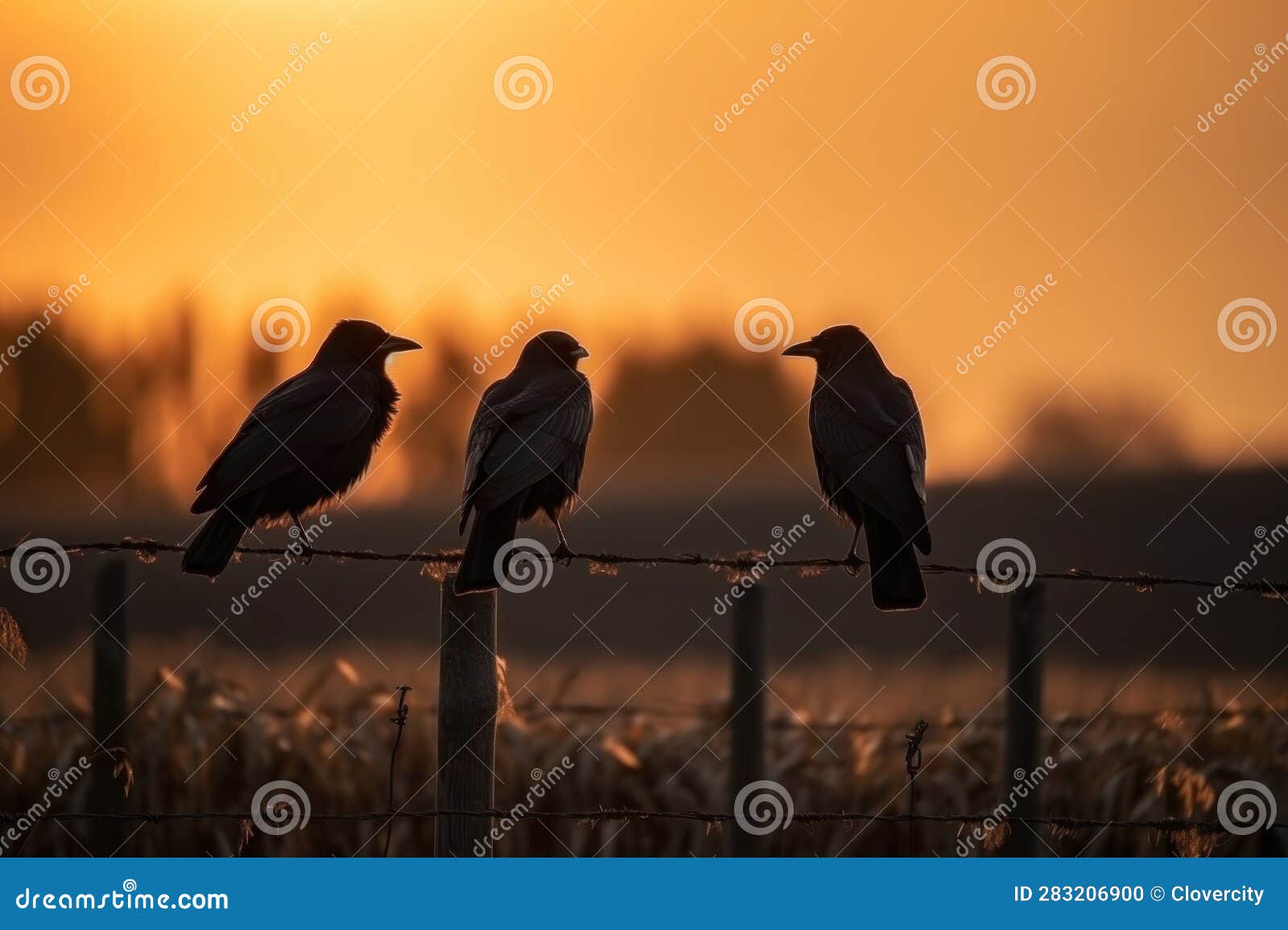 Three Crows on a Fence at Sunset Stock Illustration - Illustration of ...