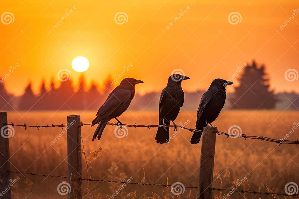 Three Crows on a Fence at Sunset Stock Illustration - Illustration of ...