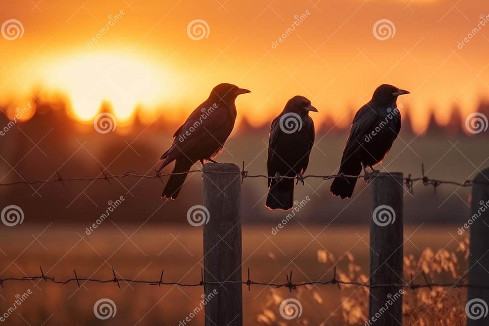 Three Crows on a Fence at Sunset Stock Illustration - Illustration of ...