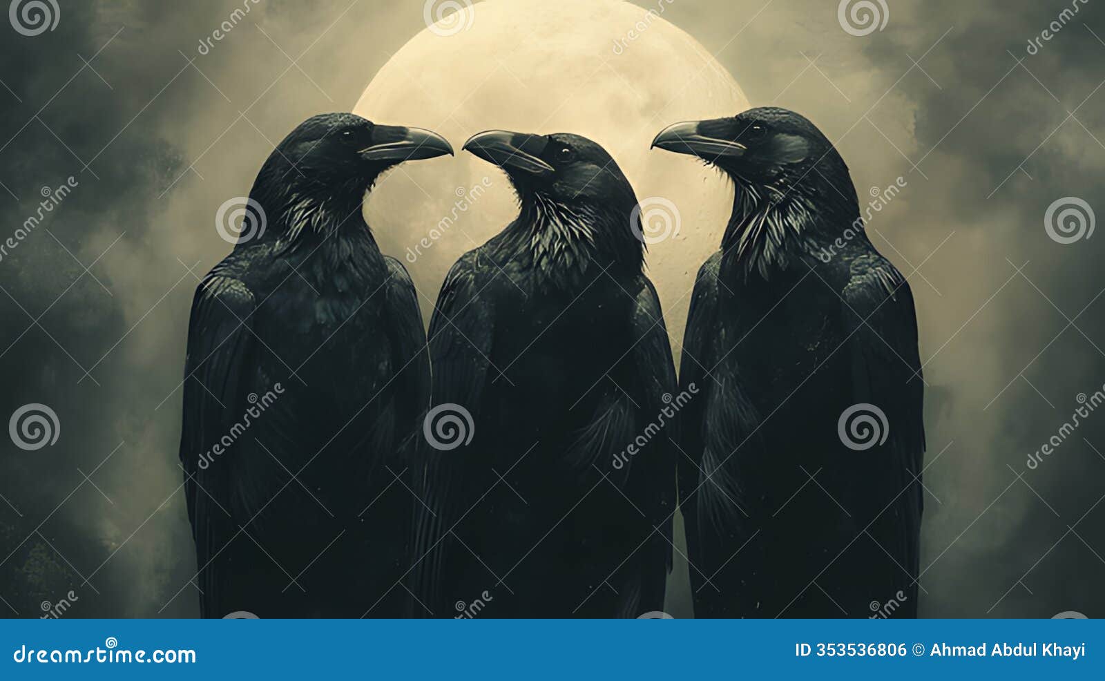 Three Crows Under a Full Moon at Night Stock Illustration ...